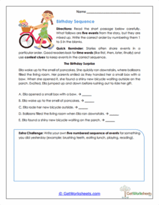 Birthday Sequence Worksheet - Ordering Events and Time Clues