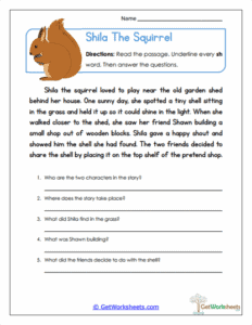SH Digraph Reading Comprehension Worksheet - Shila the Squirrel
