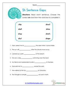 SH Digraph Sentence Gaps Worksheet