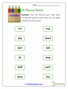 SH Digraph Rhyming Match Worksheet