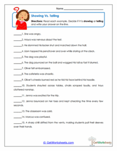 Showing vs. Telling Sort Worksheet - Narrative Writing Skills