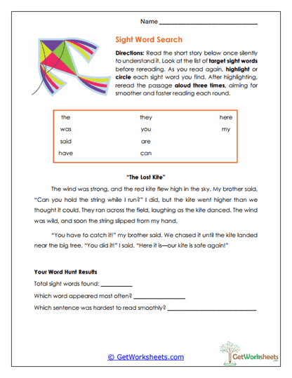 Sight Word Search Worksheet - Finding High-Frequency Words in Context