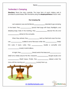 Yesterday's Camping Worksheet - Simple Past in Narrative Writing