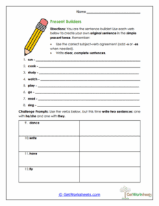 Present Builders Worksheet - Simple Present Verb Practice