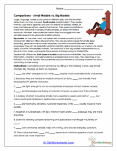 Small vs. Big AI Models Worksheets - GetWorksheets.com