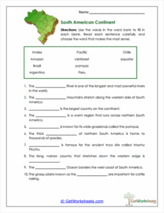 The Continent Worksheet - South America Geography Vocabulary