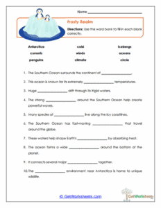 Paragraph Fill-In Worksheet - Southern Ocean Vocabulary & Context