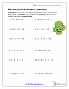 Equation Analysis Worksheet - Evaluating Order of Operations
