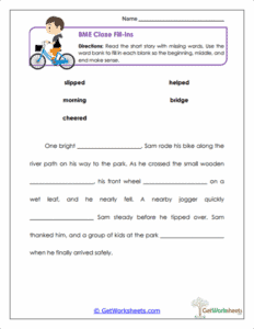BME Cloze Fill-Ins Worksheet - Narrative Structure & Context Clues