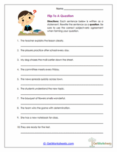 Flip to a Question Worksheet - Subject-Verb Agreement in Questions