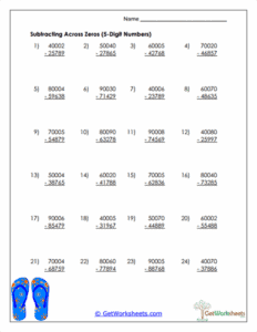 Five-Digit Zero Differences Worksheet - Multi-Digit Subtraction with ...