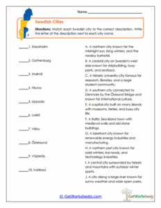 Swedish Cities Worksheet - European Geography Practice
