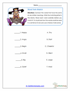 Word Twin Match Worksheet - Synonyms & Vocabulary Basics