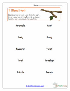 T-Blend Real vs Nonsense Word Hunt Worksheet