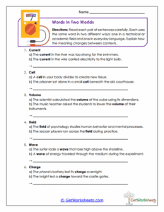 Words in Two Worlds Worksheet - Polysemy & Contextual Vocabulary