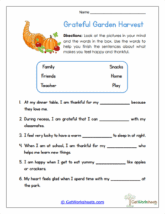 Grateful Garden Harvest Worksheet - Gratitude Sentence Building