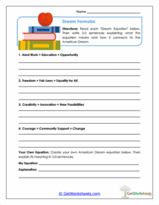 Dream Equations Worksheet - Interpreting American Values