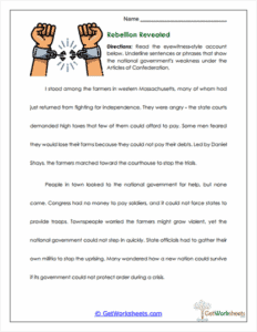 Shays' Rebellion Reading Worksheet - Evidence of Government Weakness