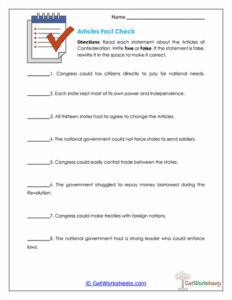 Fact Check Worksheet - Articles of Confederation Review