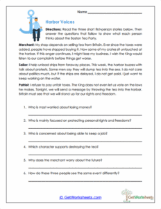 Harbor Perspectives Worksheet - Boston Tea Party Viewpoints