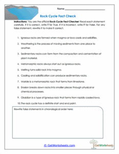 Fact Check Worksheet - Rock Cycle Accuracy & Reasoning