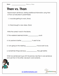 Sentence Expansion and Word Choice Worksheet - Then & Than