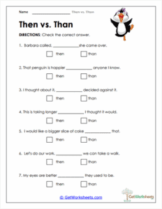 Sentence Writing with Then and Than Worksheet - Creative Grammar