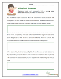 Writing Topic Sentences Worksheet - Creating Main Ideas from Paragraphs