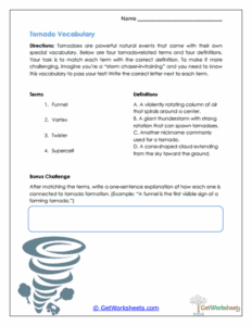 Vocabulary Worksheet - Tornado Science Terms