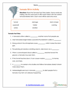 Fill-In Activity Worksheet - Tornado Vocabulary in Context