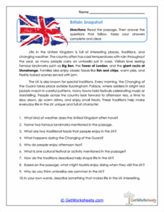 Britain Snapshot Worksheet - Exploring Life in the United Kingdom