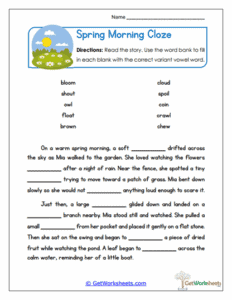 Variant Vowel Cloze Story Worksheet - Spring