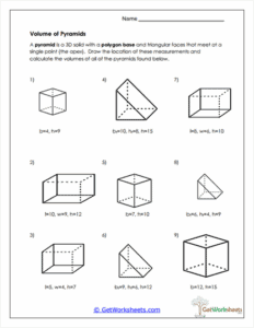 Pyramids Worksheet - Volume with Base Area & Height