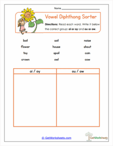Diphthong Sorting Worksheet - oi/oy vs ou/ow