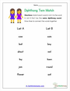 Diphthong Sound Match Worksheet - Twin Words