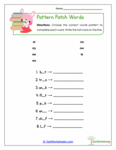 Vowel Patterns Word Completion Worksheet - Phonics Practice