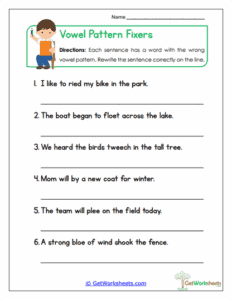 Vowel Pattern Editing Worksheet - Fix the Sentence