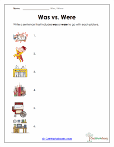 Picture Sentence Writing Worksheet - Was & Were Grammar