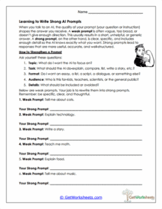 Strong AI Prompts Worksheet - Writing Clear Instructions