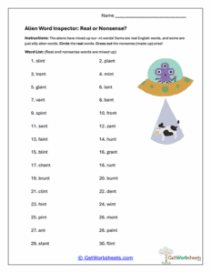 Alien Word Inspector Worksheet - Real vs. Nonsense Words (-nt Blend)