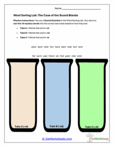 Word Sorting Lab - Sound Blends Worksheet (-nt, -nd, -st)