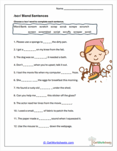SCR Blend Sentences Worksheet - Consonant Blend Practice