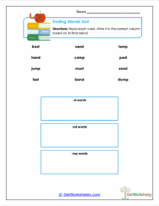 Ending Blends Sorting Worksheet - st nd mp