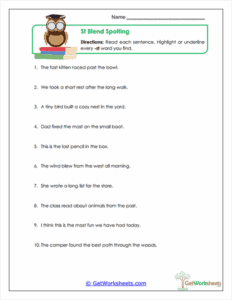 ST Blend Spotting Sentences Worksheet